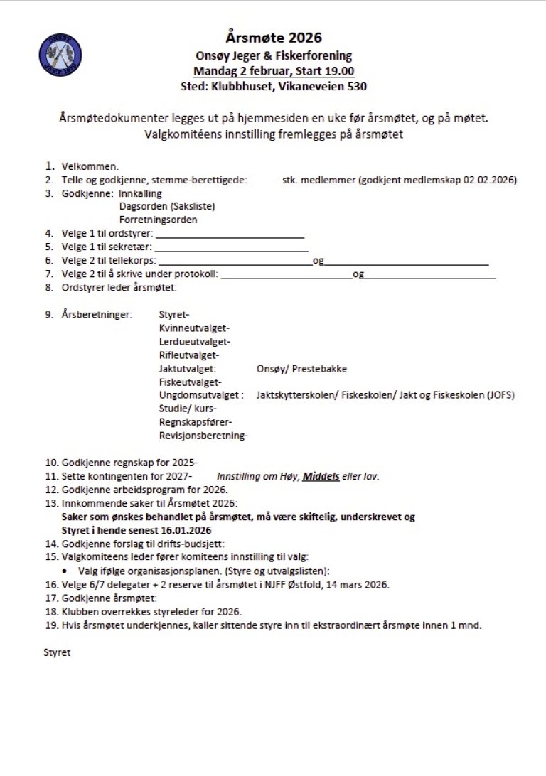 Årsmøte 2026 - Onsøy Jeger & Fiskeforening